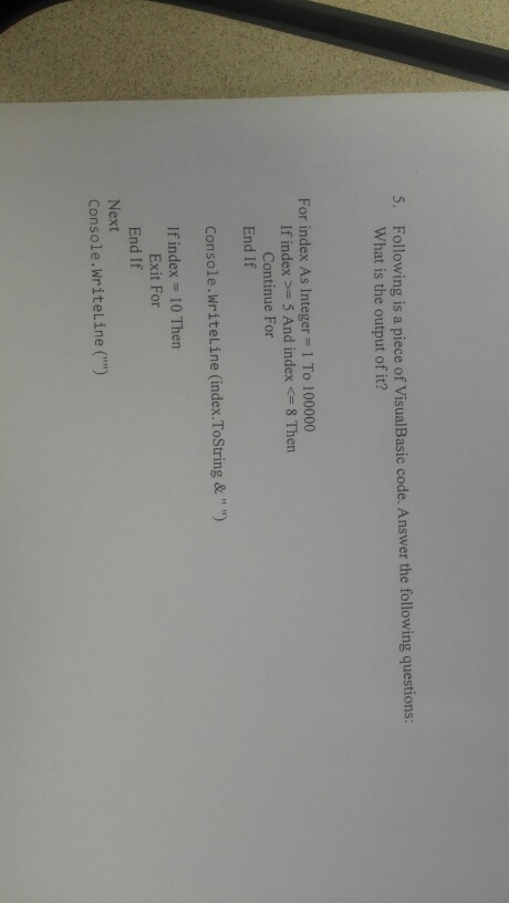 Solved Following is a piece of VisualBasic code. Answer the | Chegg.com