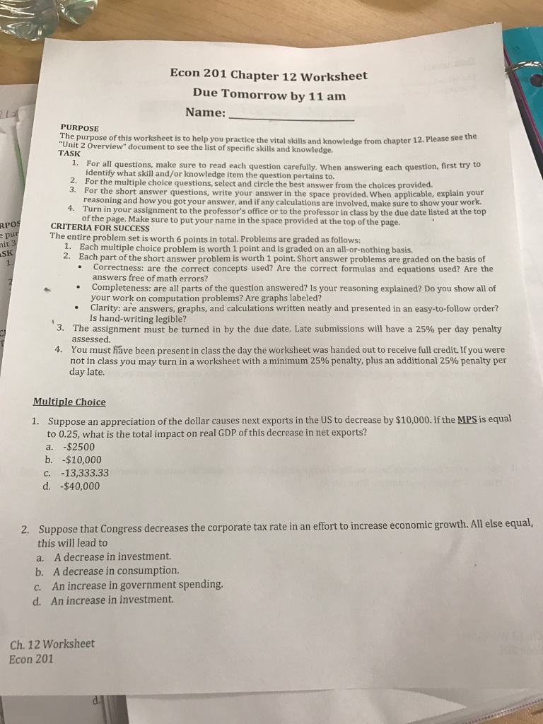 Solved Econ 201 Chapter 12 Worksheet Due Tomorrow by 11 am | Chegg.com