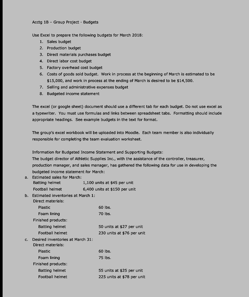 Solved Acctg 1B - Group Project -Budgets Use Excel to | Chegg.com