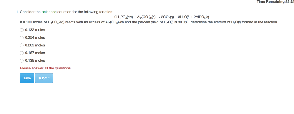 Solved Time Remaining:83:24 . Consider the balanced equation | Chegg.com