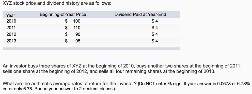 Solved XYZ stock price and dividend history are as follows: | Chegg.com
