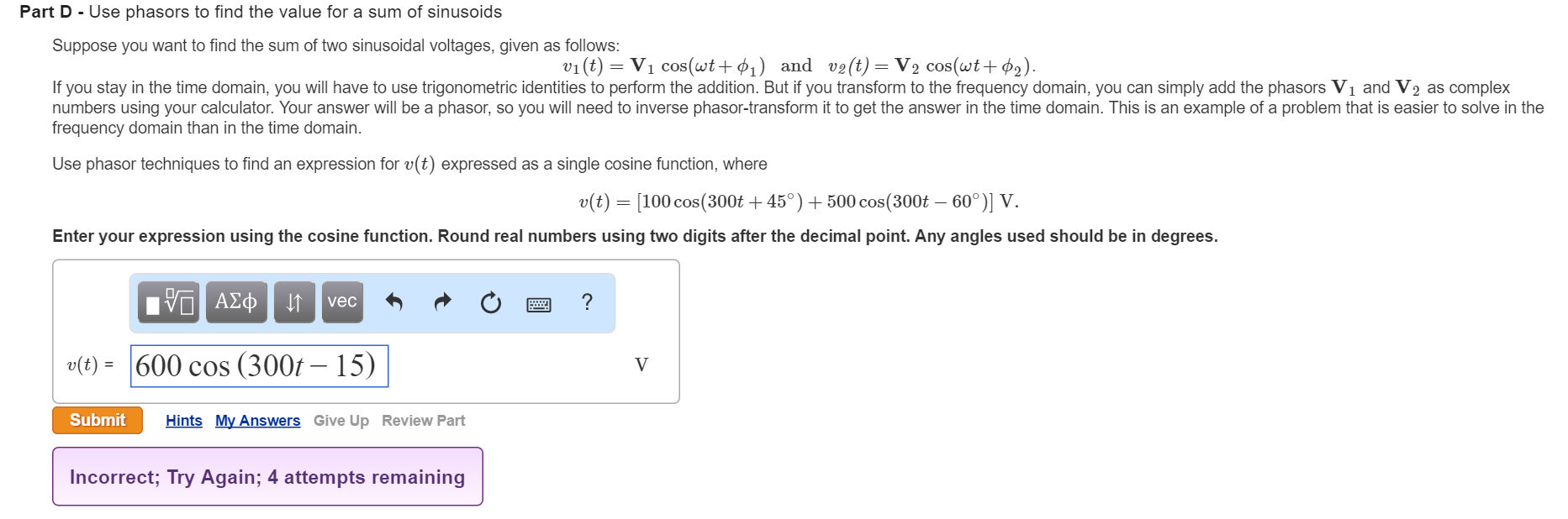 Solved Use phasors to find the value for a sum of sinusoids | Chegg.com