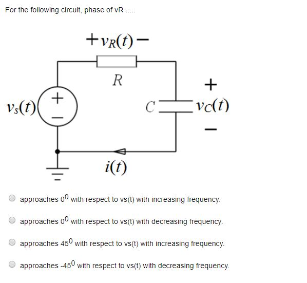 Solved For the following circuit, phase of VR +vR(t) vs(t) O | Chegg.com