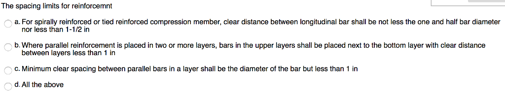 Solved The spacing limits for reinforcemnt a. For spirally | Chegg.com