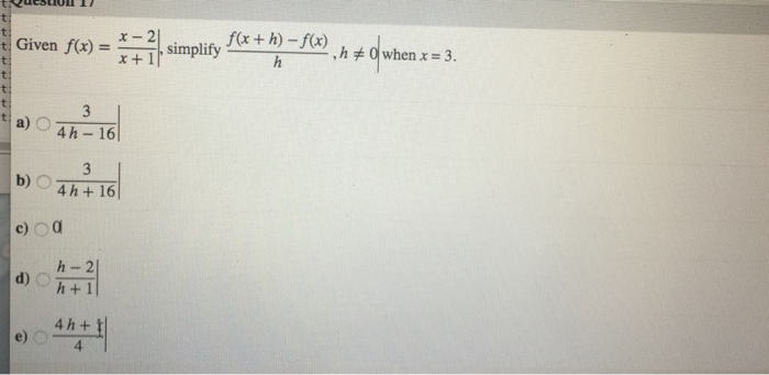 Solved Given f(x) = x - 2/x + 1|, simplify f(x + h) - | Chegg.com