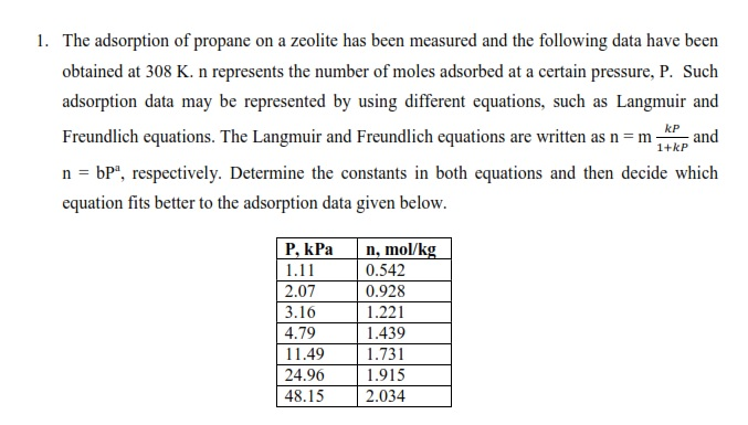 Solved 1. The adsorption of propane on a zeolite has been | Chegg.com