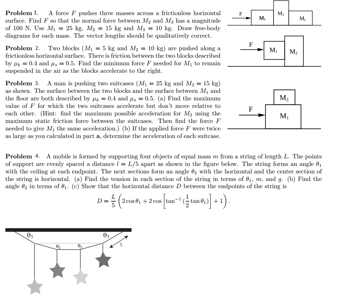 Solved A force F pushes three masses across a frictionless | Chegg.com Solved A force F pushes three masses across a frictionless | Chegg.com