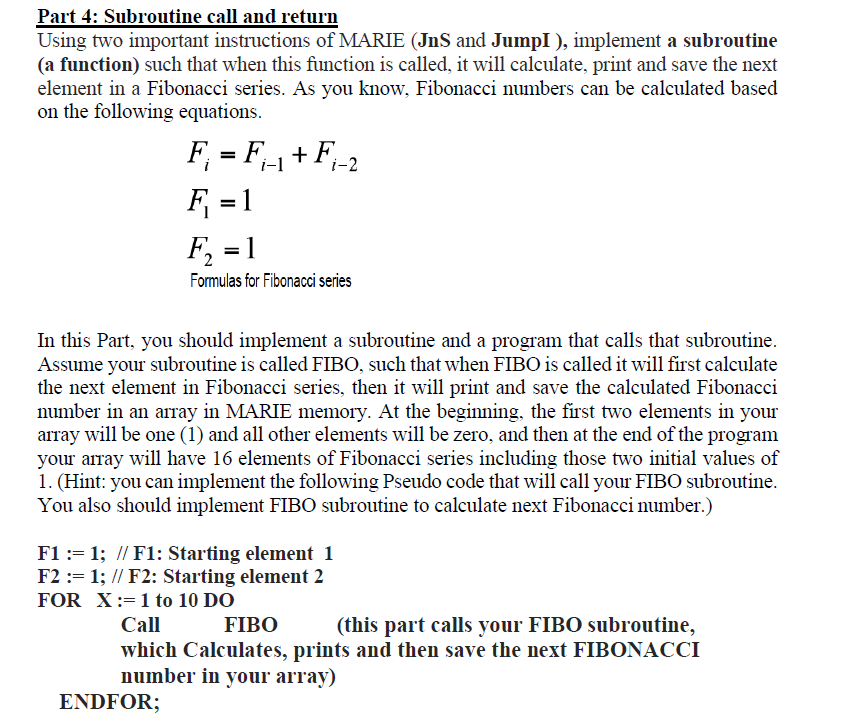 Part 4: Subroutine call and return Using two | Chegg.com