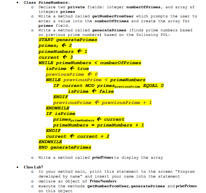 Solved Class PrimeNumbers: o Declare two private fields: | Chegg.com