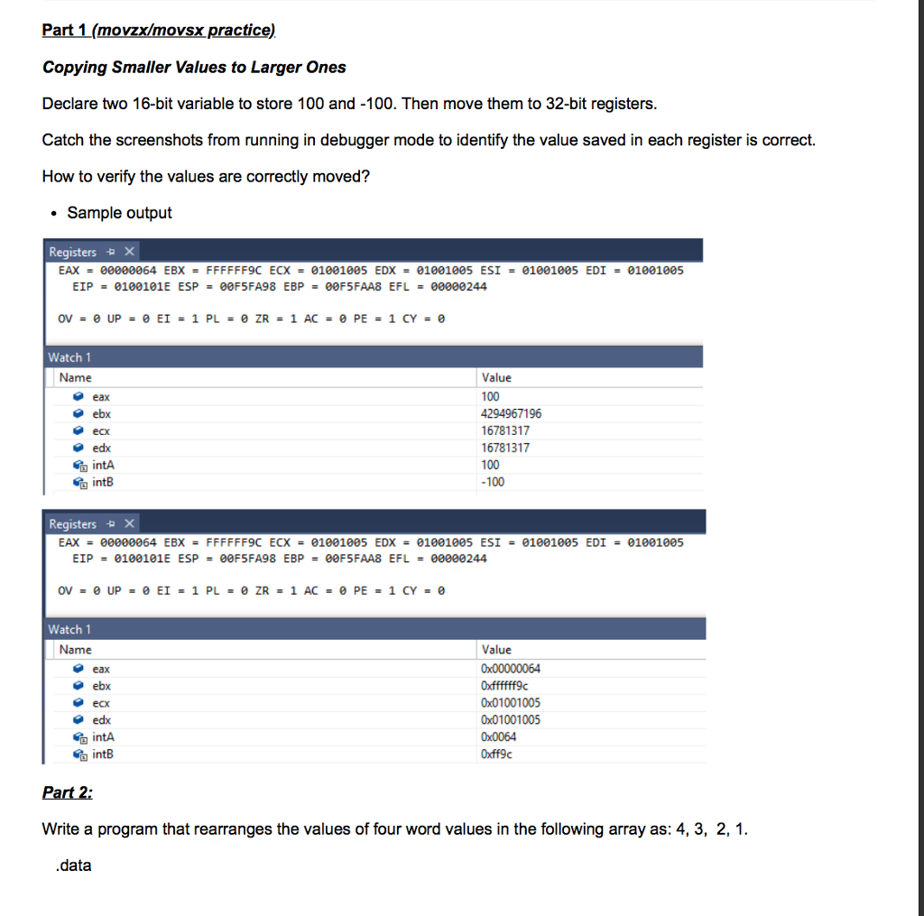 Part 1 (movzx/movsx practice). Copying Smaller Values | Chegg.com