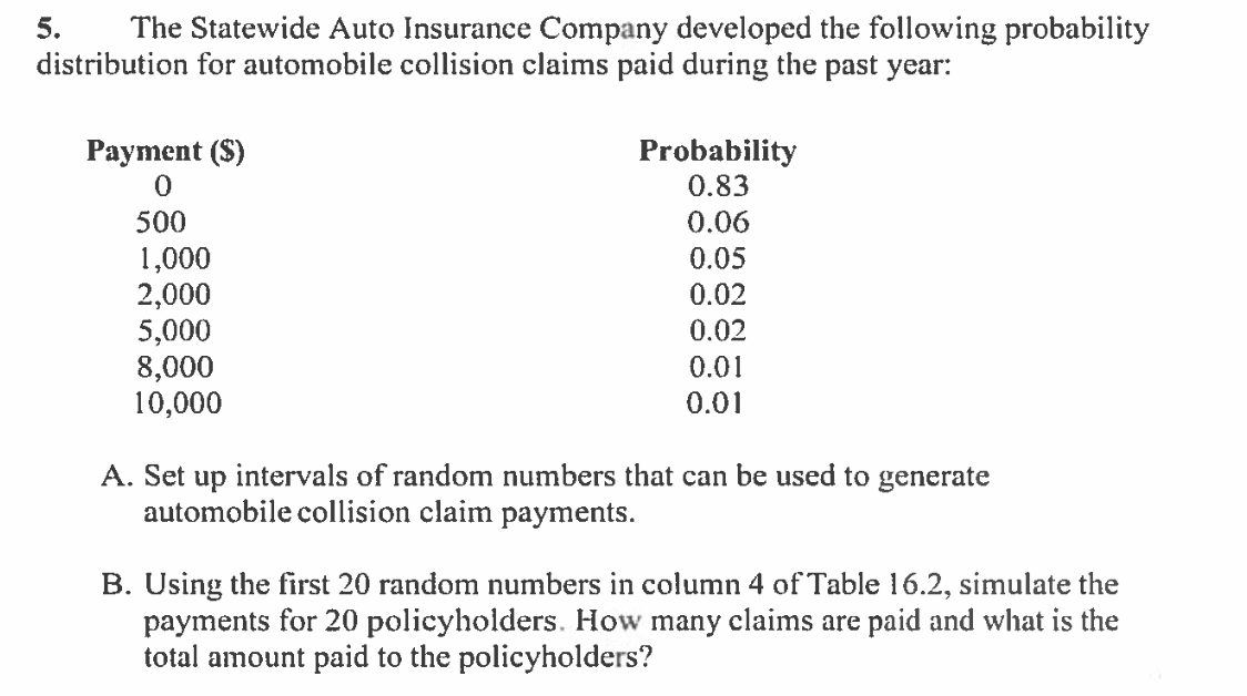 Solved The Statewide Auto Insurance Company developed the | Chegg.com