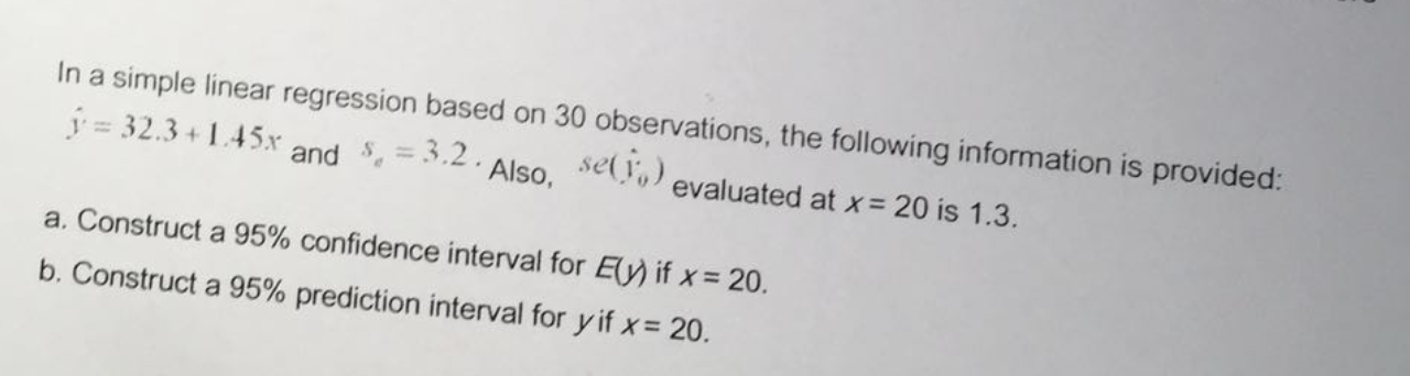 Solved In a simple linear regression based on 30 | Chegg.com