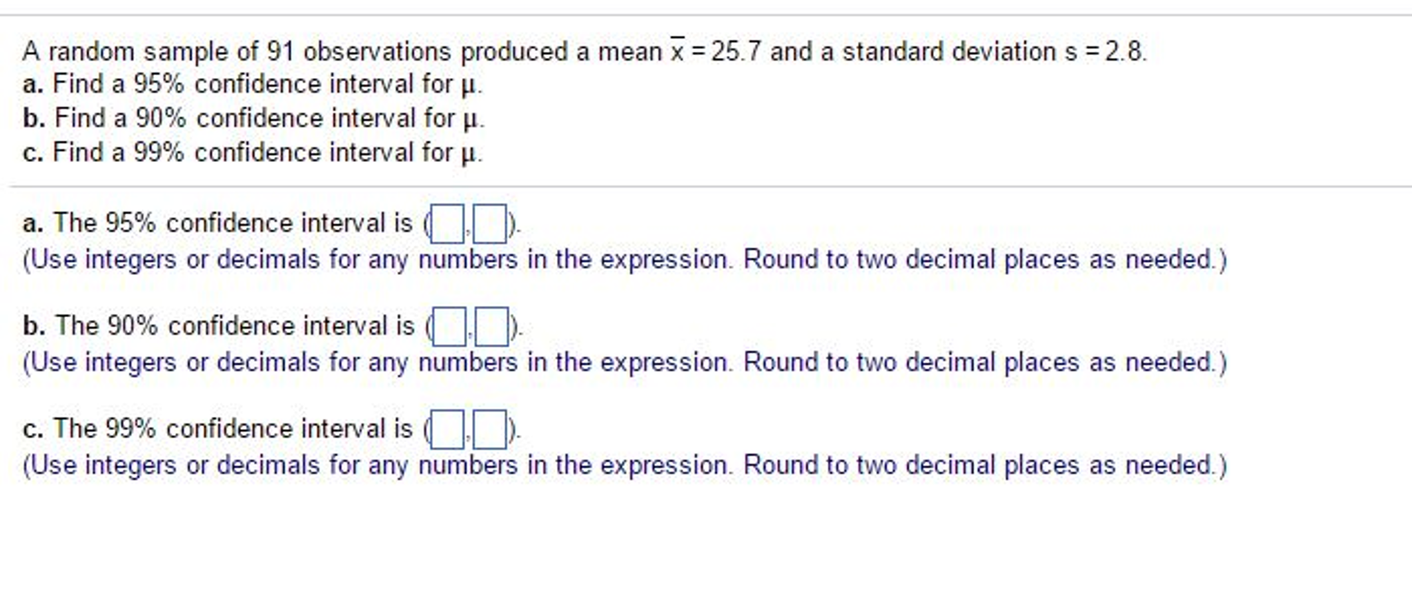 Solved A random sample of 91 observations produced a mean | Chegg.com