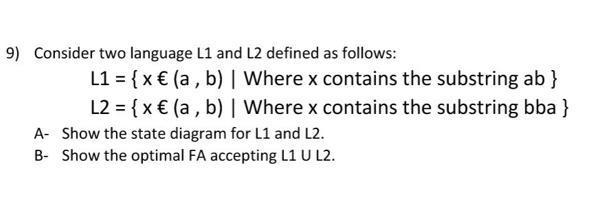 Solved 9) Consider two language L1 and L2 defined as | Chegg.com