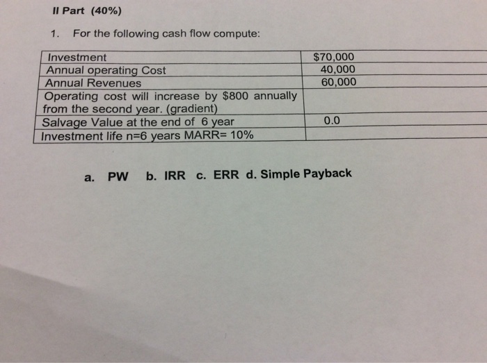 Solved For the following cash flow compute: PW IRR ERR | Chegg.com