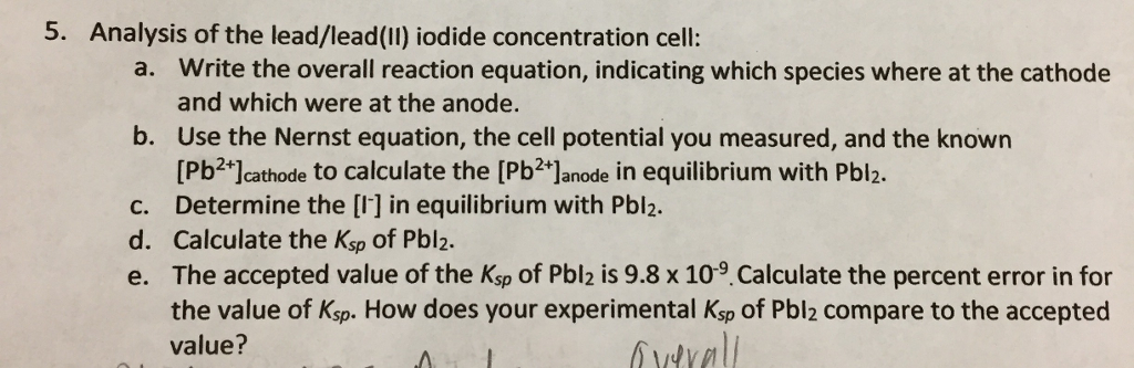 Solved 5. Analysis of the lead/lead(II) iodide concentration | Chegg.com