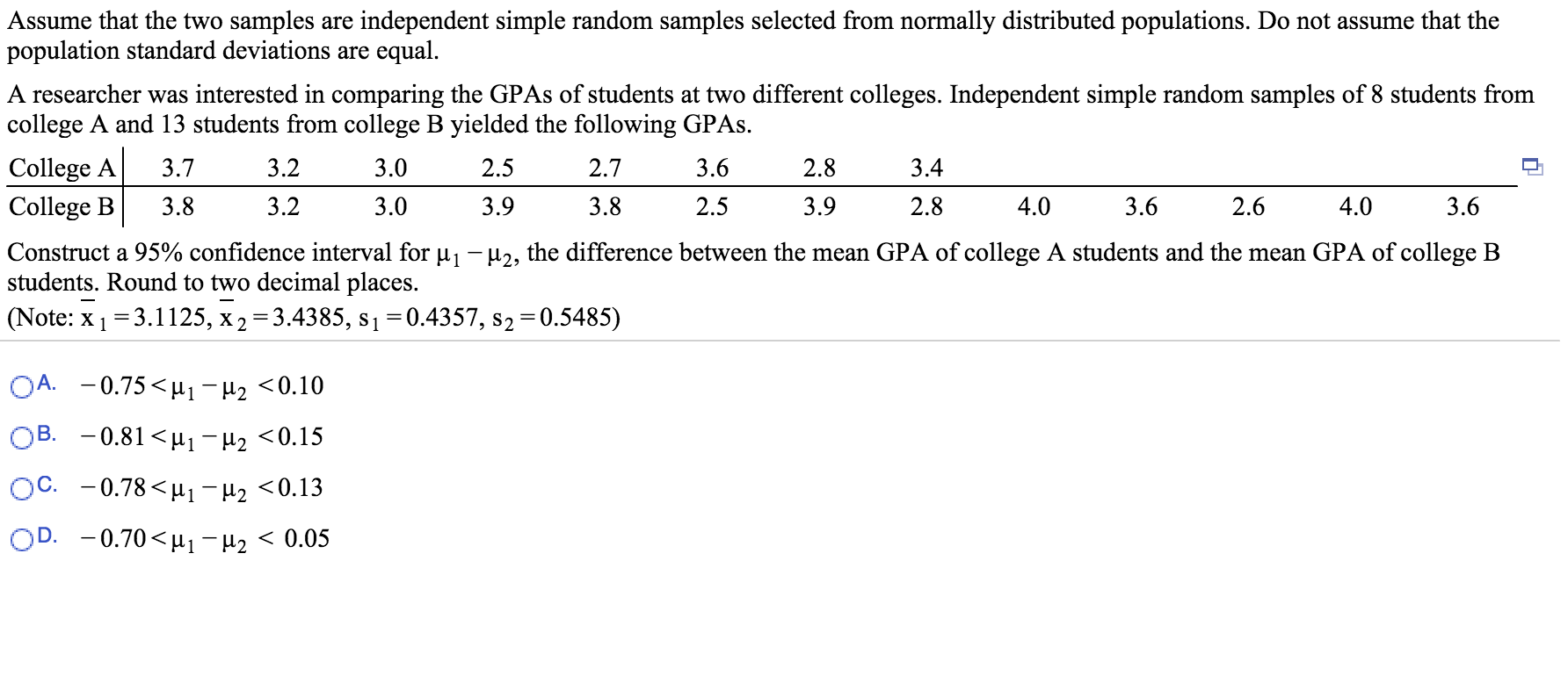 Solved Assume that the two samples are independent simple | Chegg.com