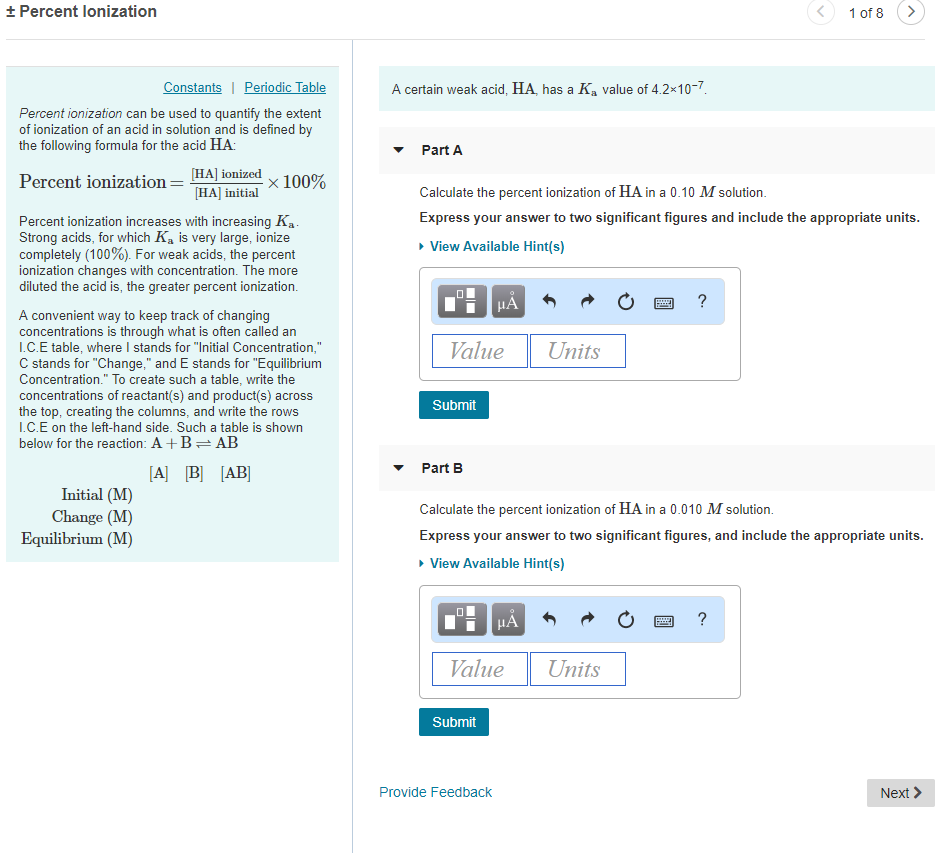 Solved ± Percent ionization 1 of 8 Constants| Periodic Table | Chegg.com