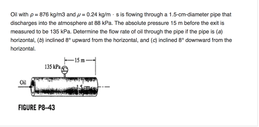 Solved Oil with ρ-876 kg/m3 and μ= 0.24 kg/m· s is flowing | Chegg.com