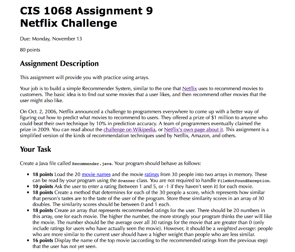 CIS 1068 Assignment9 Netflix Challenge Due: Monday, | Chegg.com