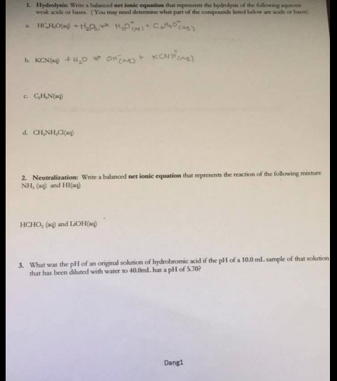 Solved L Hydrolysis: Writeュbalanced net ionic equation that | Chegg.com