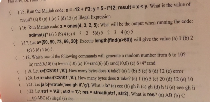 Solved Run the Matlab code: x = -12 + i* 3; y = 5 - i*12; | Chegg.com