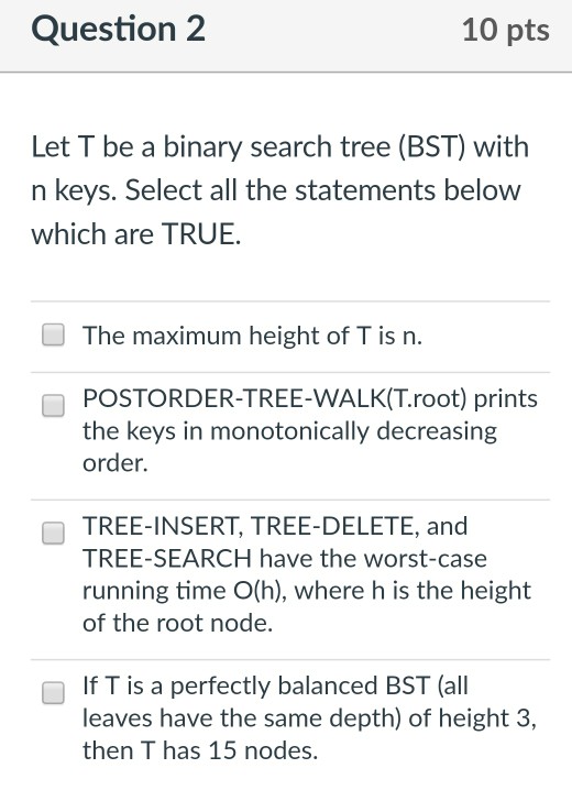 Solved Question 1 10 pts Consider the binary search tree | Chegg.com