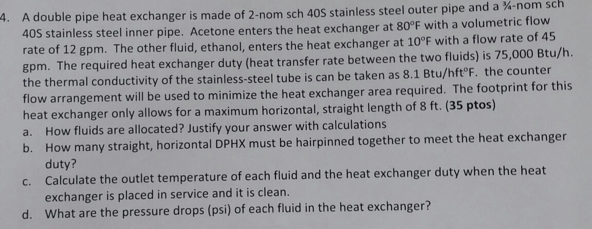 A double pipe heat exchanger is made of 2-nom sch 40 | Chegg.com