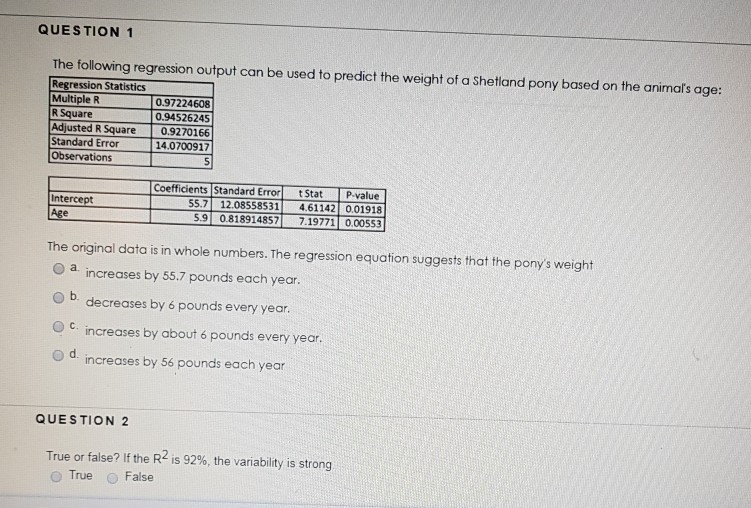 Solved Question 1 The Following Regression Output Can Be 