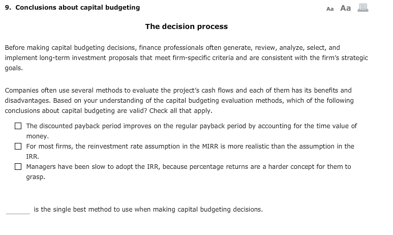 Solved Conclusions about capital budgeting The decision | Chegg.com