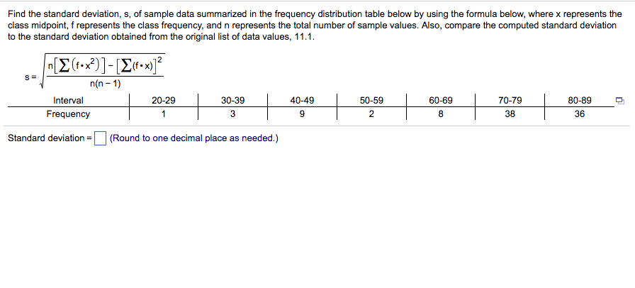 Solved Find the standard deviation, s, of sample data | Chegg.com