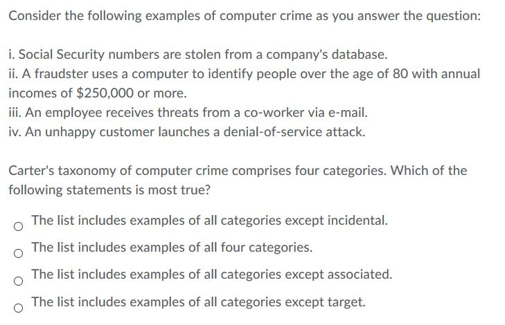 Solved Consider the following examples of computer crime as | Chegg.com