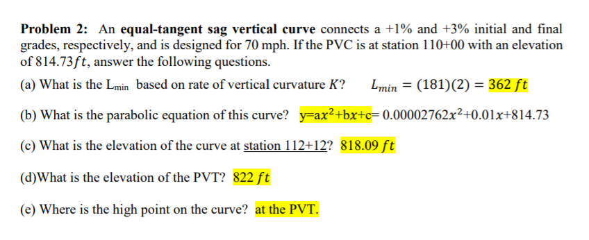 Solved Problem 2: An equal-tangent sag vertical curve | Chegg.com