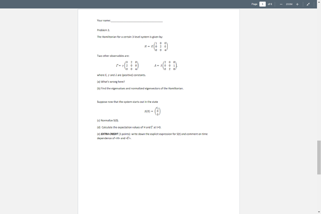 Solved The Hamiltonian for a certain 3-level system is given | Chegg.com