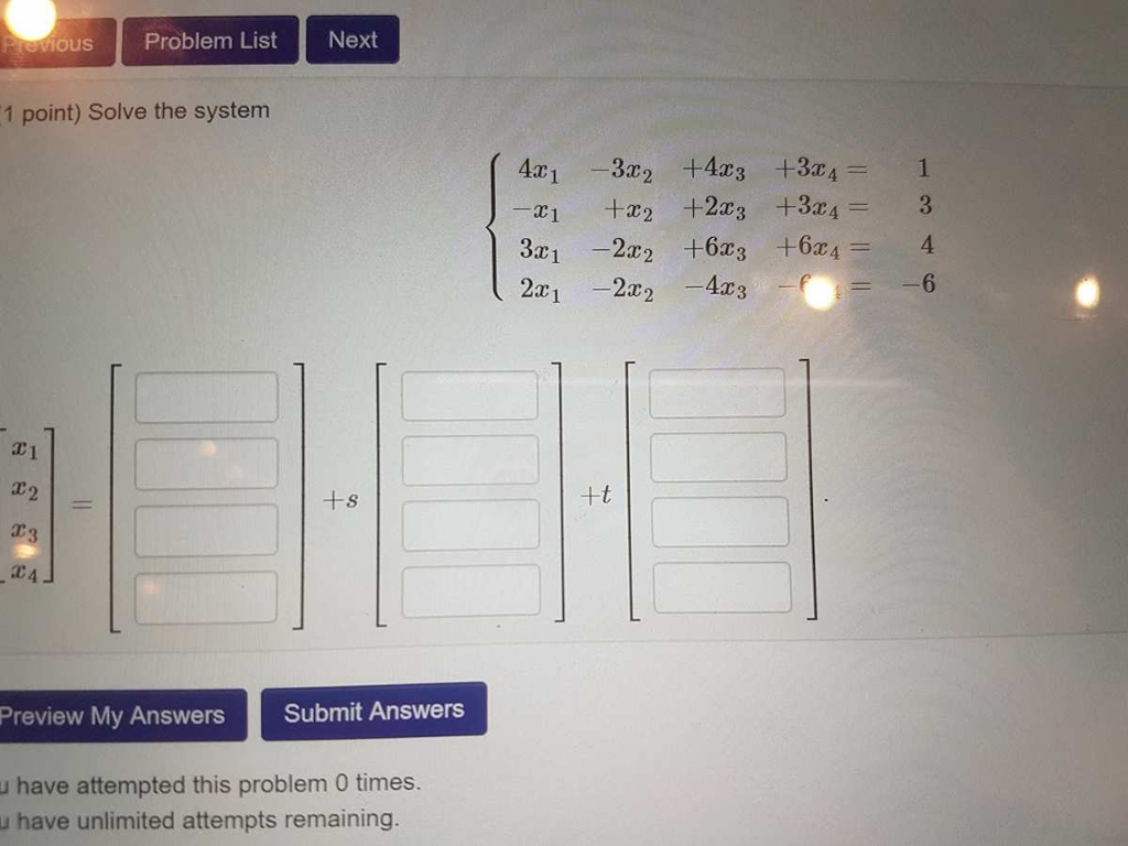Solved ous Problem List Next 1 point) Solve the system | Chegg.com