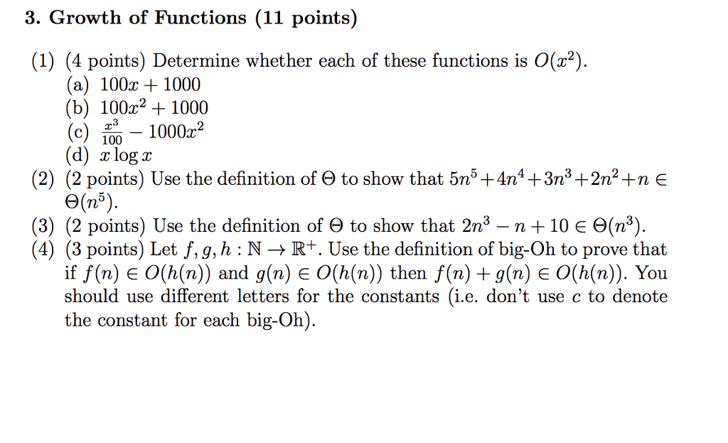 Solved 3. Growth of Functions (11 points) (1) (4 points) | Chegg.com
