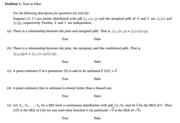 Solved Problem 1. True or False Use the following | Chegg.com
