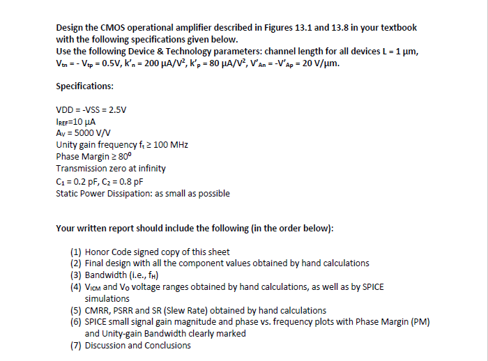 Design the CMOS operational amplifier described in | Chegg.com