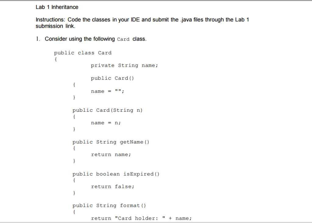 Solved Lab 1 Inheritance Instructions: Code the classes in | Chegg.com Solved Lab 1 Inheritance Instructions: Code the classes in | Chegg.com