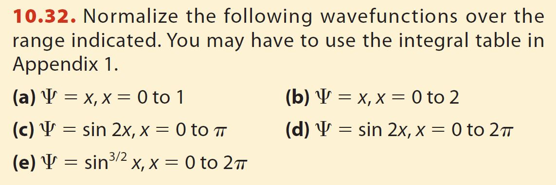 Solved 10.32. Normalize the following wavefunctions over | Chegg.com