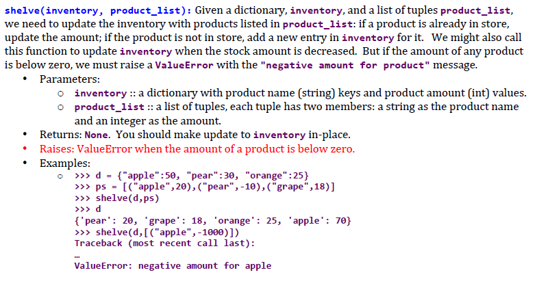 Solved shelve(inventory, product_list): Given a dictionary, | Chegg.com