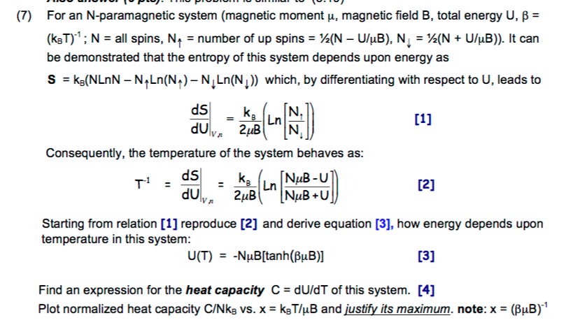 Solved (7) For an N-paramagnetic system (magnetic moment μ, | Chegg.com