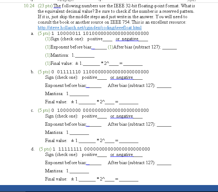 Solved 10.24 (23 pts) The following numbers use the IEEE | Chegg.com