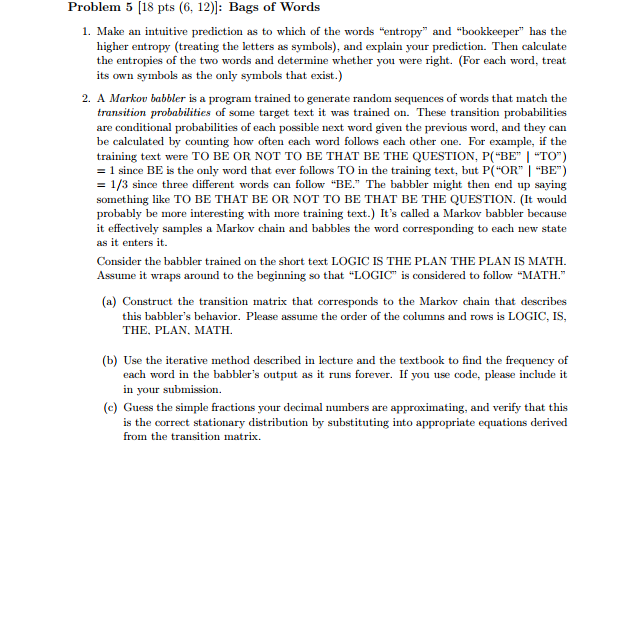 Problem 5 [18 pts (6, 12)]: Bags of Words 1. Make an | Chegg.com