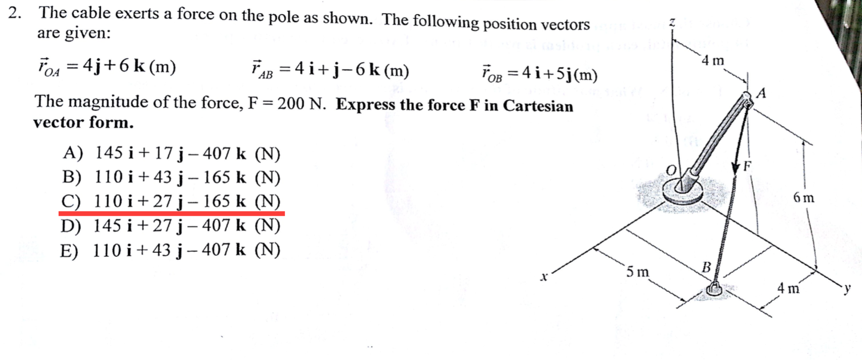 Solved 2. The cable exerts a force on the pole as shown. The | Chegg.com