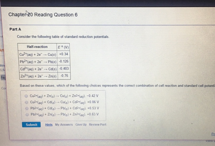 Solved Consider the following table of standard reduction | Chegg.com