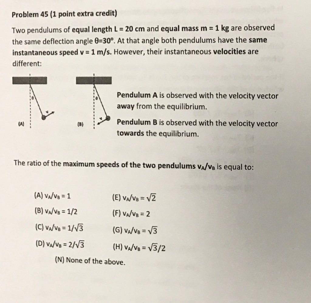 Solved Problem 45 (1 point extra credit) Two pendulums of | Chegg.com