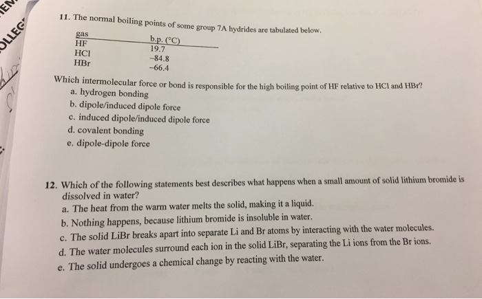 Solved The normal boiling Points of some group 7A hydrides | Chegg.com