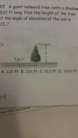 Solved A giant redwood tree casts a shadow 532 ft long. Find | Chegg.com