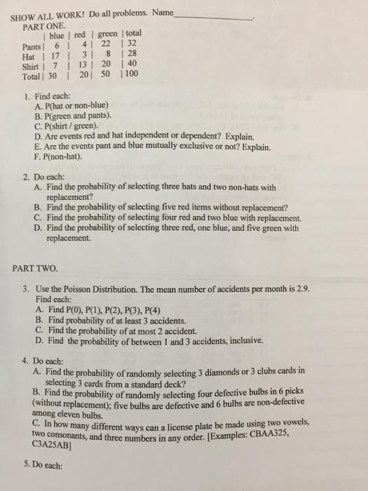 Solved Do all problems. Name_____. Find each: P(hat or | Chegg.com
